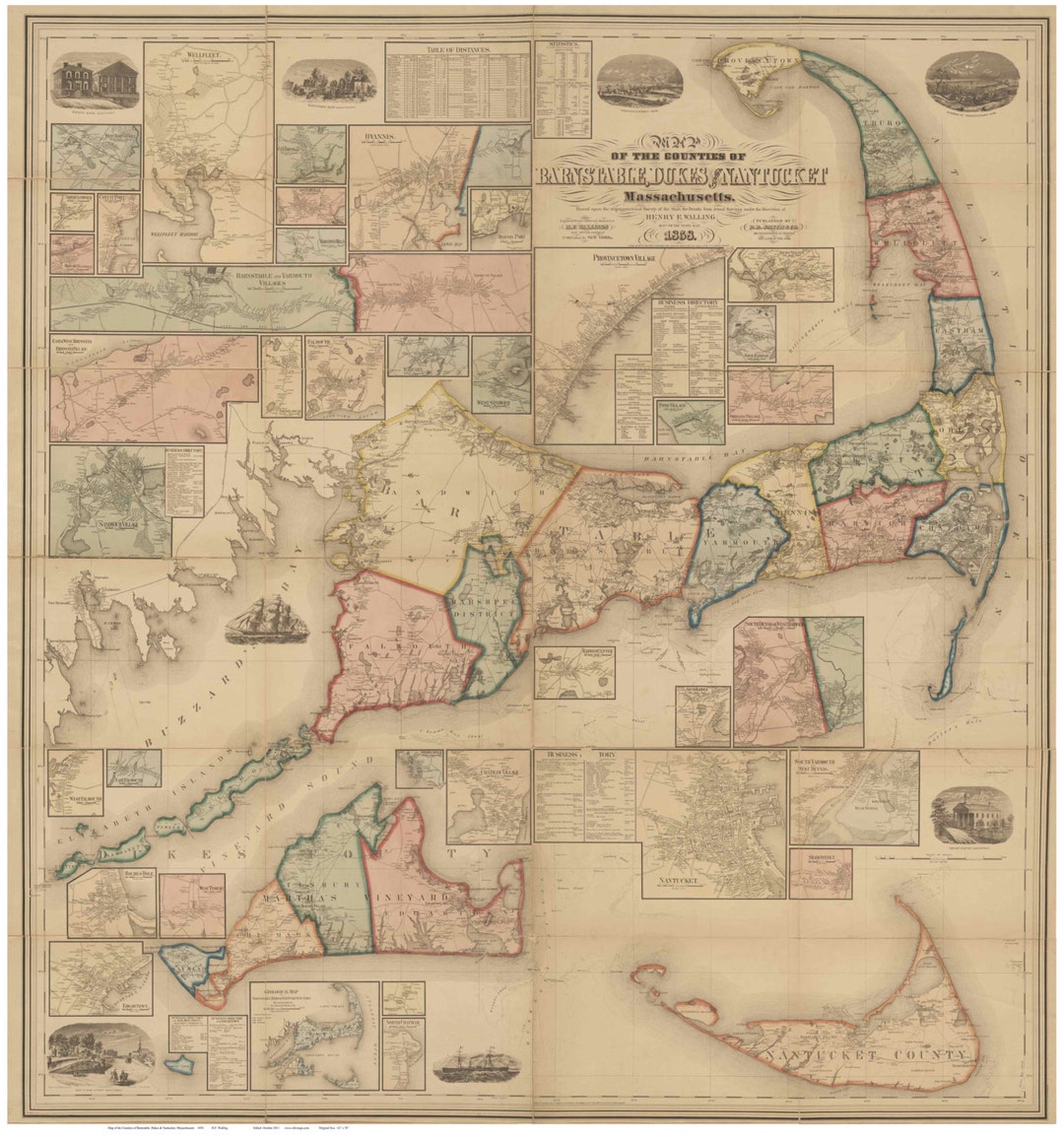 Cape Cod 1858 Map - Wall Map Reprint With Homeowner Names - Barnstable ...
