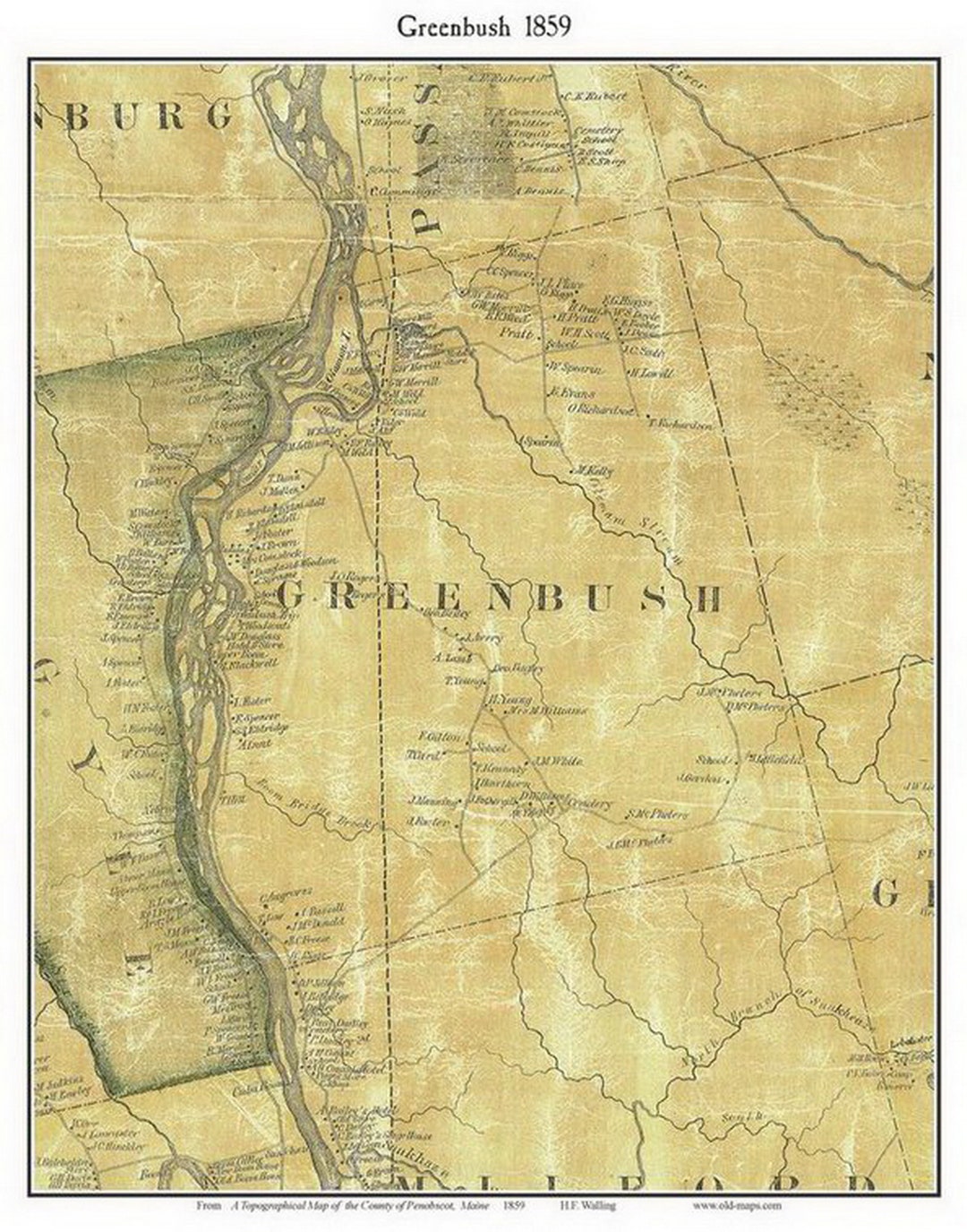 Greenbush 1859 Old Town Map With Homeowner Names Maine - Etsy