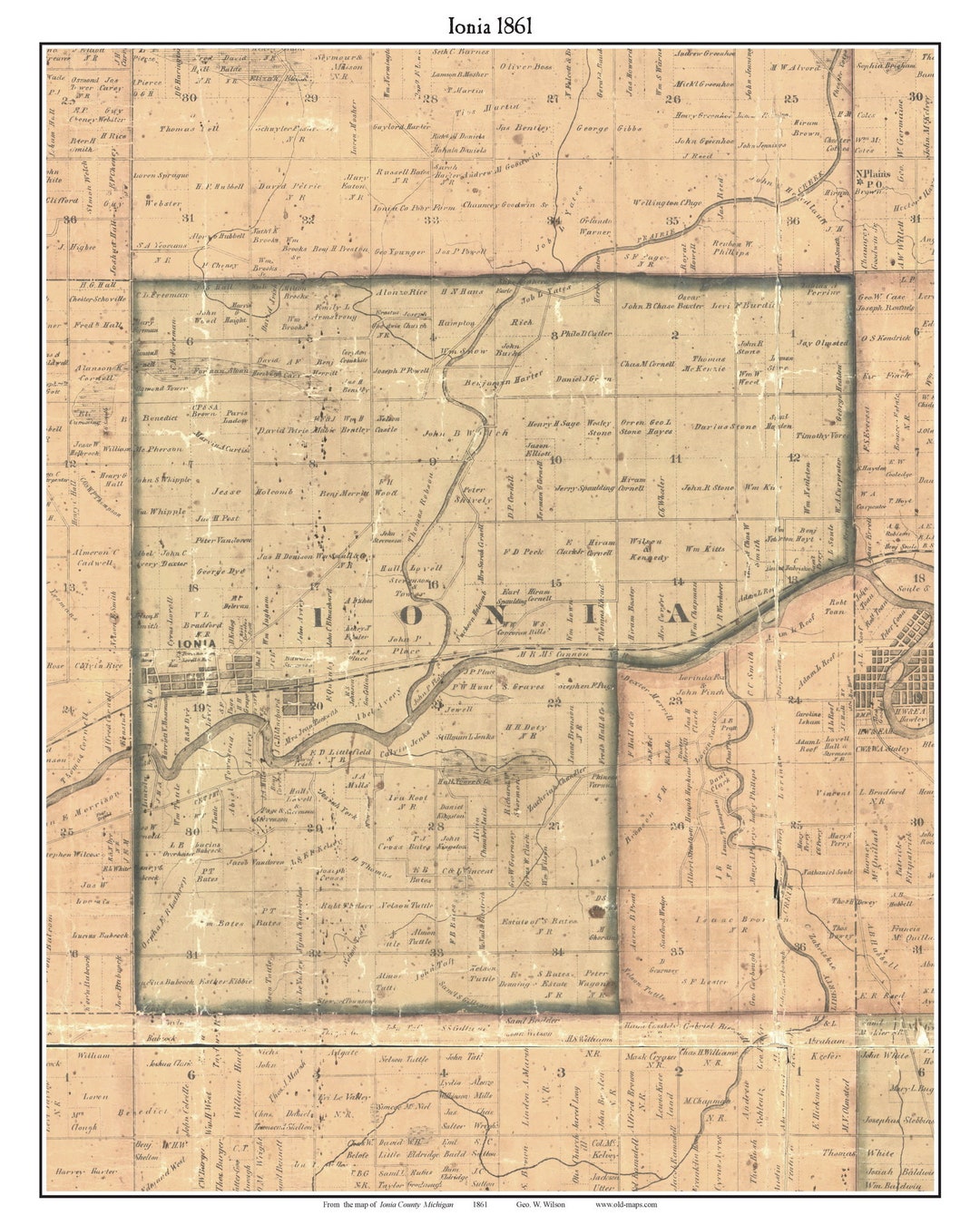 Ionia 1861 Old Town Map With Homeowner Names Michigan - Reprint ...