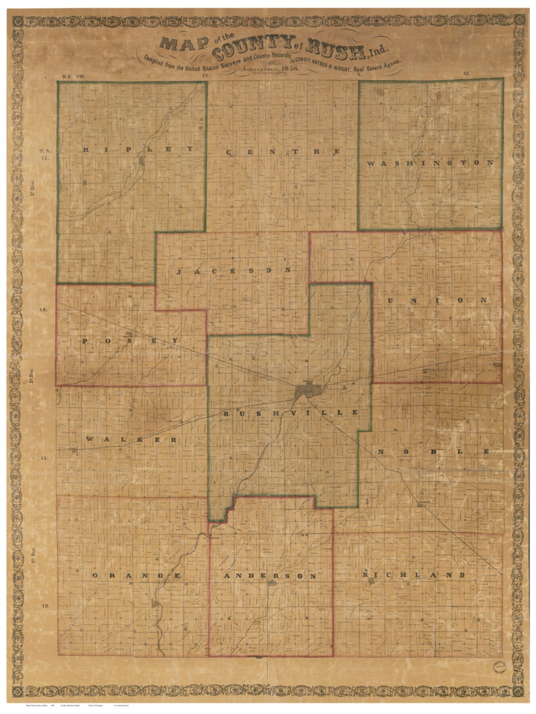 Rush County Indiana 1856 - Old Wall Map Reprint With Landowner Names ...