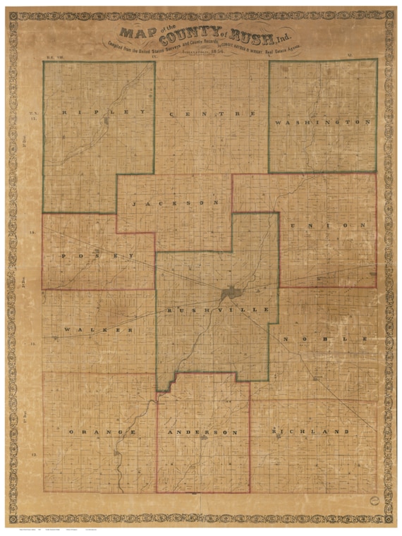 Rush County Indiana 1856 Old Wall Map Reprint With Landowner | Etsy