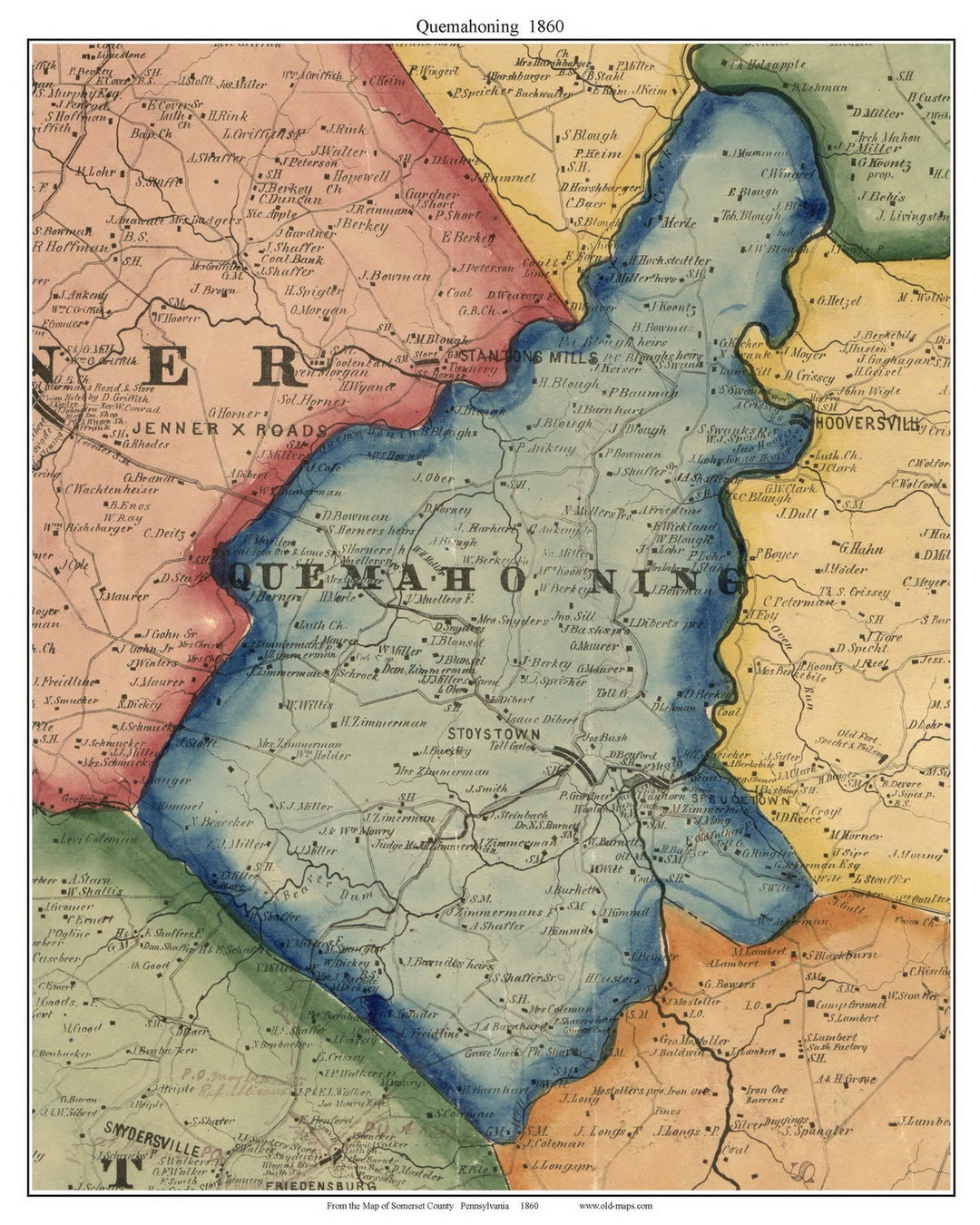 Quemahoning 1860 Old Town Map With Homeowner Names - Pennsylvania ...