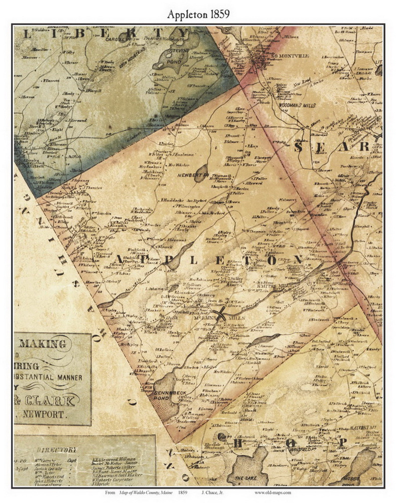 Appleton 1859 Old Town Map With Homeowner Names Maine - Reprint ...