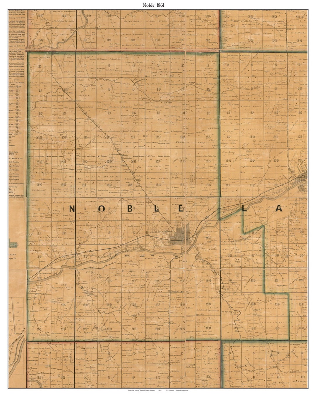 Noble 1861 Old Town Map With Homeowner Names Indiana Wabash - Reprint ...