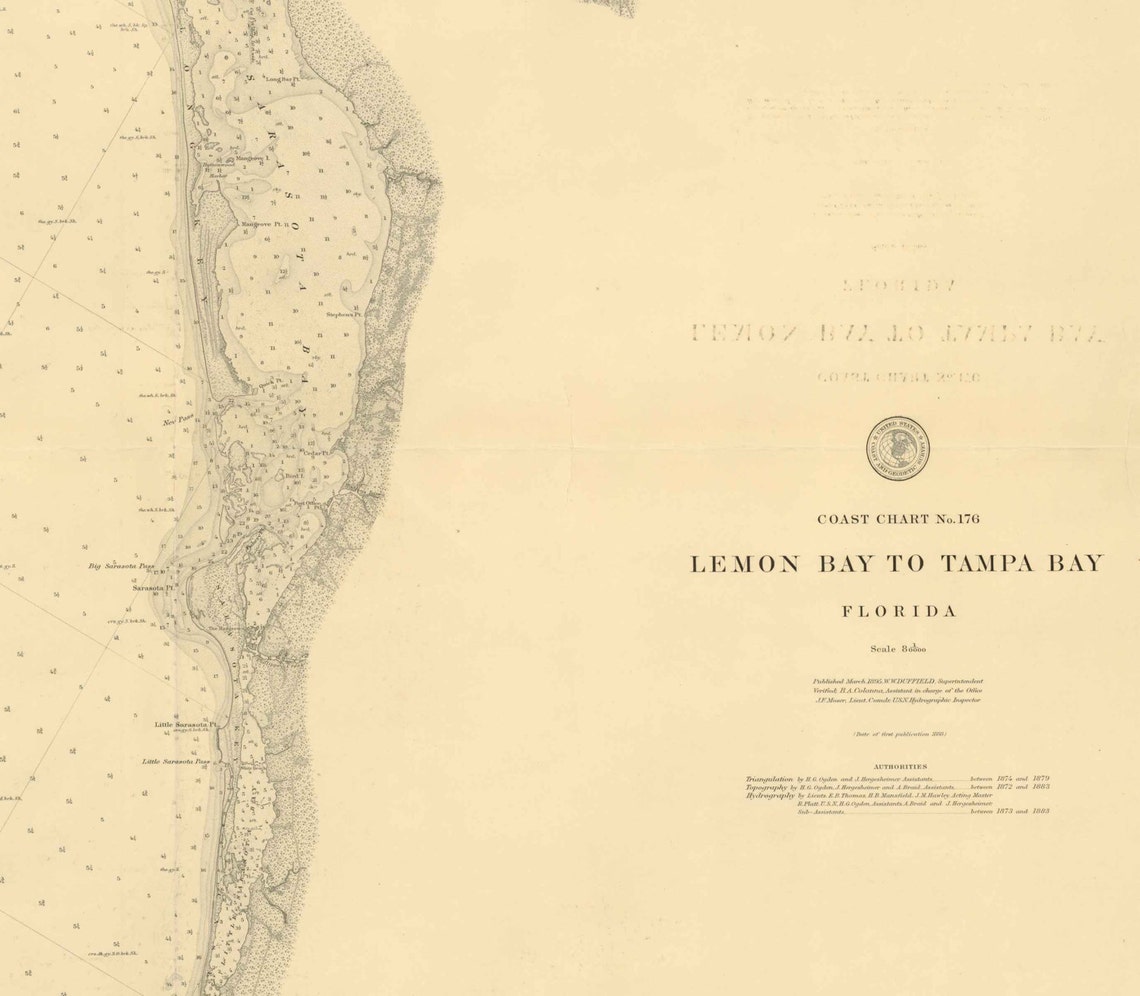 Lemon Bay to Tampa Bay 1895 Nautical Map Reprint Florida | Etsy