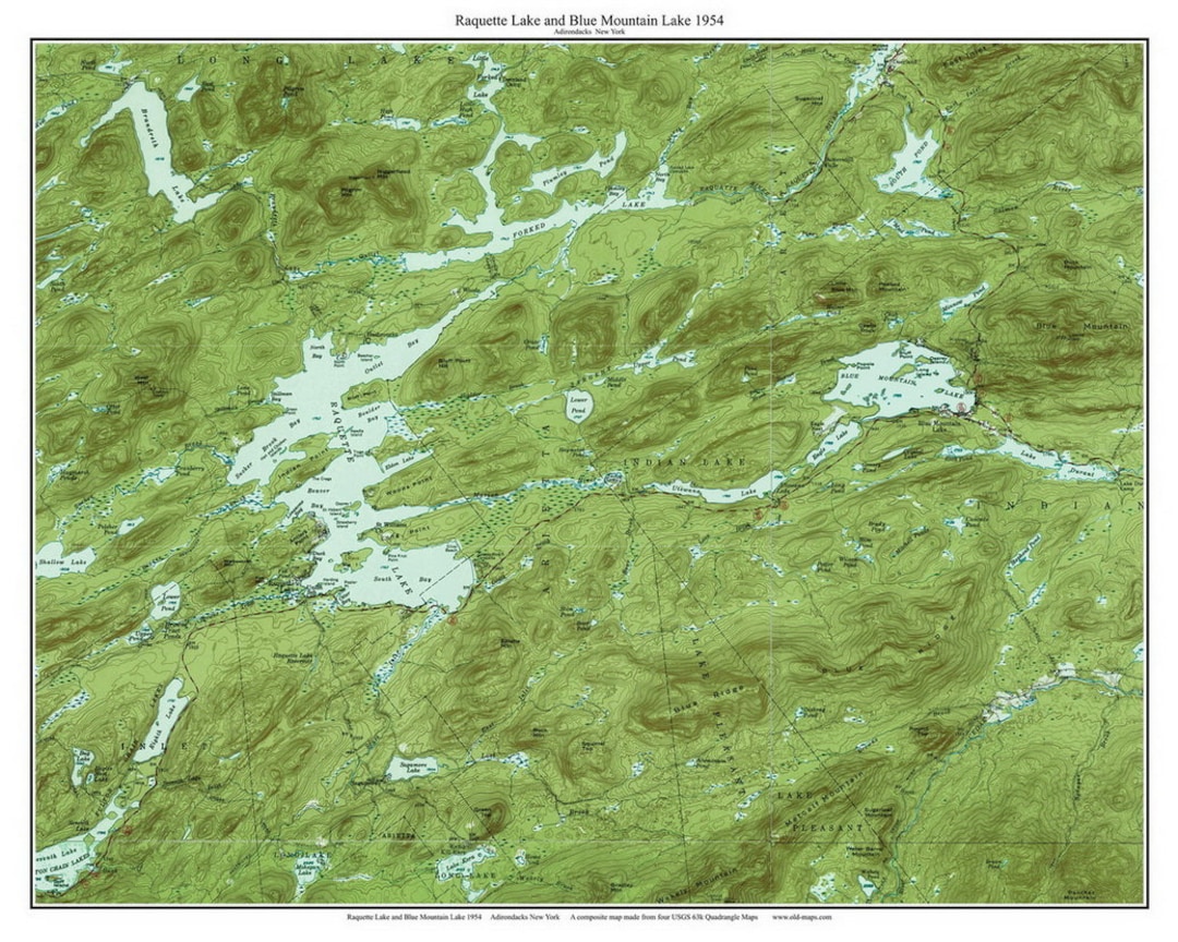 Raquette Lake and Blue Mountain Lake 1954 USGS Old Topographic Map ...