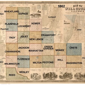 Will County Illinois 1862 Old Wall Map Reprint With Homeowner Names ...