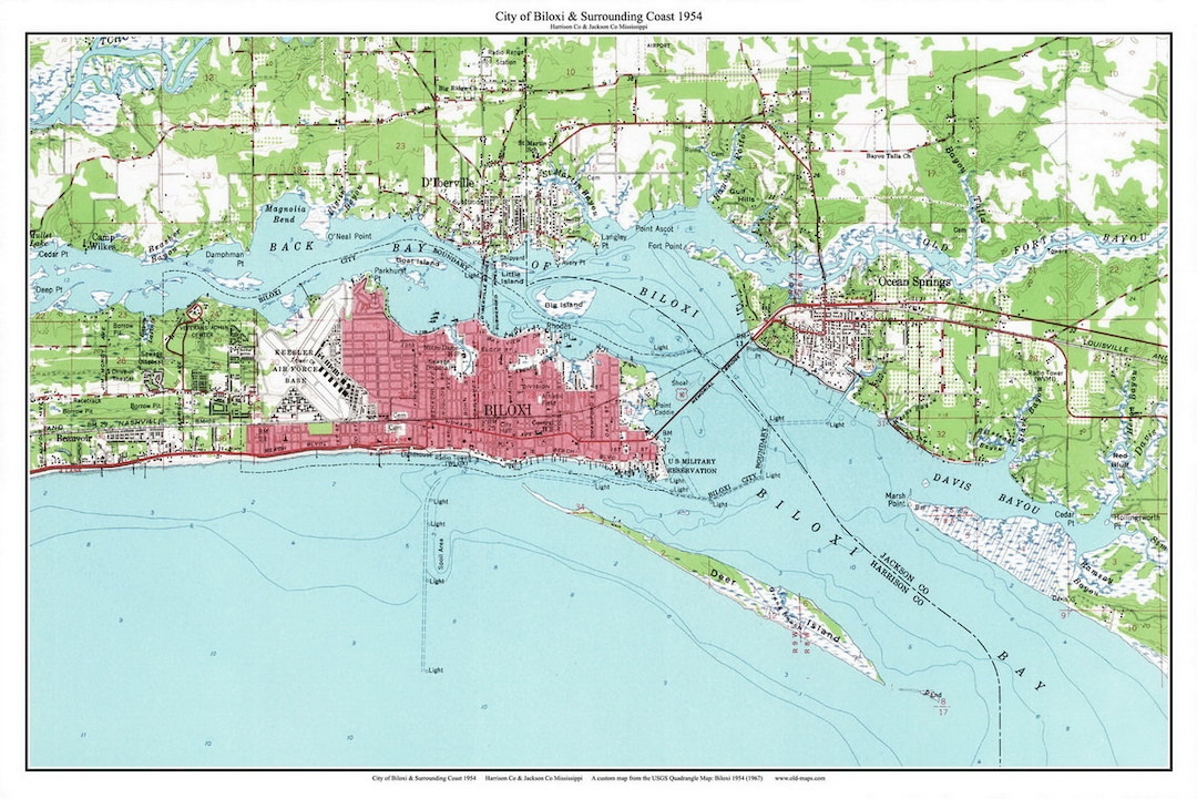 Biloxi & Surrounding Coastline - 1954 Old Topographic Map Keesler Air ...