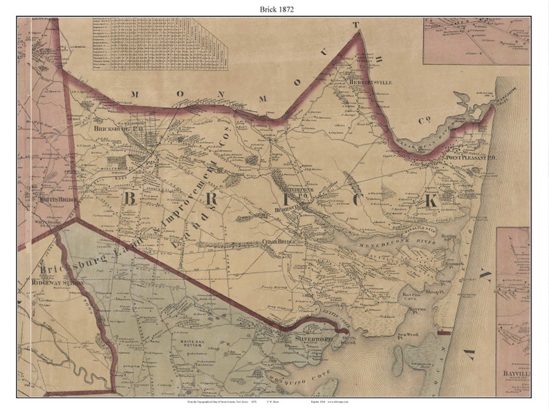Brick 1872 Old Town Map With Homeowner Names Metedeconk River Ocean ...