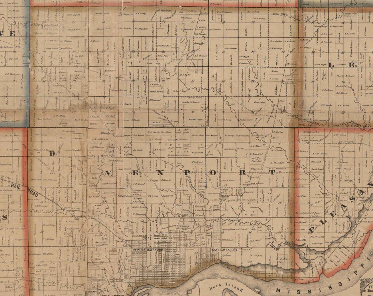 Scott County Iowa 1860 Old Wall Map With Landowner Names Farm Lines ...