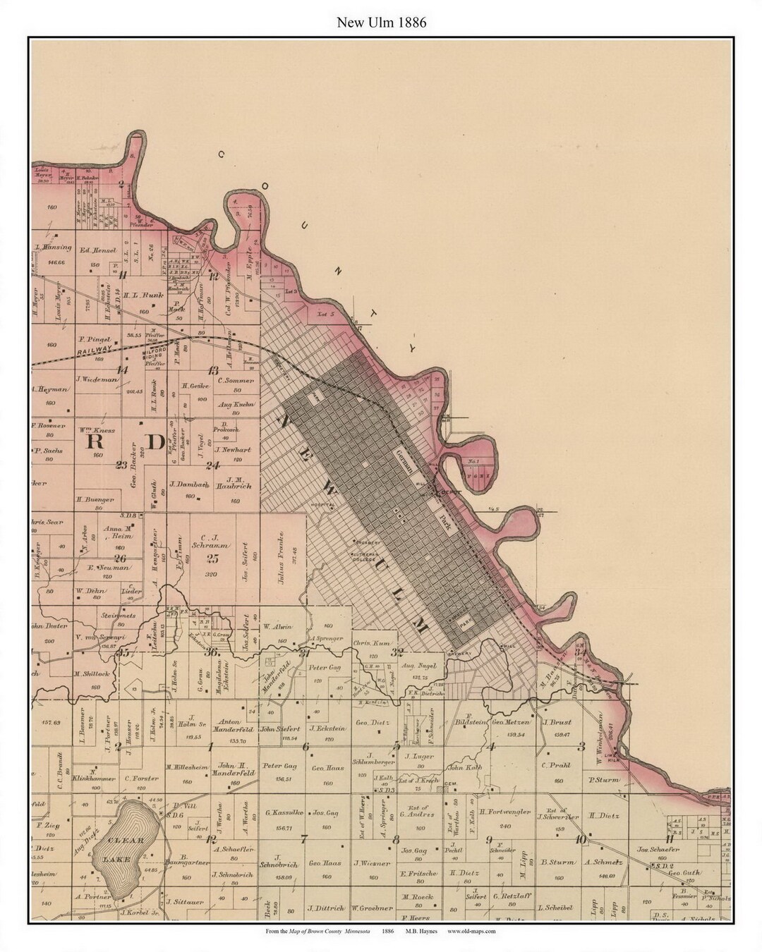 New Ulm 1886 Old Town Map With Homeowner Names Minnesota German Park ...