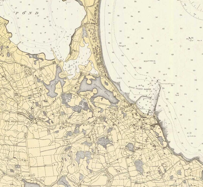 Block Island on CANVAS - 1914 Nautical Map by the USCGS - Rhode Island ...