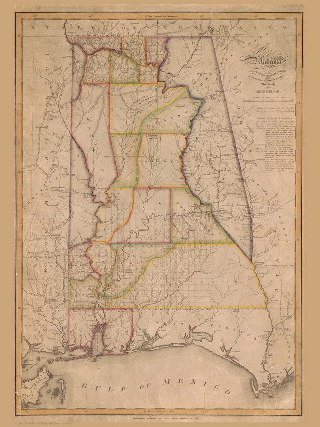 Alabama 1819 Old State Map Detailed Early Map War of 1812 Notes Reprint ...