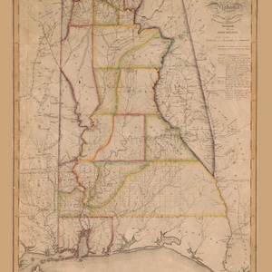 Alabama 1819 Old State Map Detailed Early Map War of 1812 Notes Reprint ...