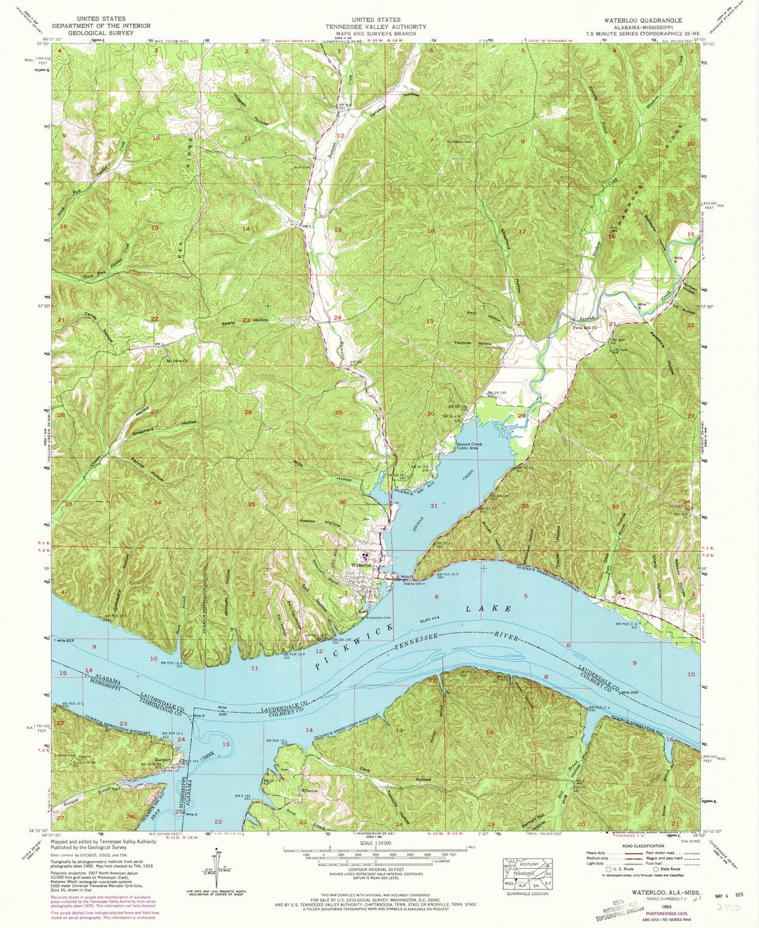 Waterloo 1953 1973 Old Topo Map Pickwick Lake 7x7 USGS Topographic Quad ...