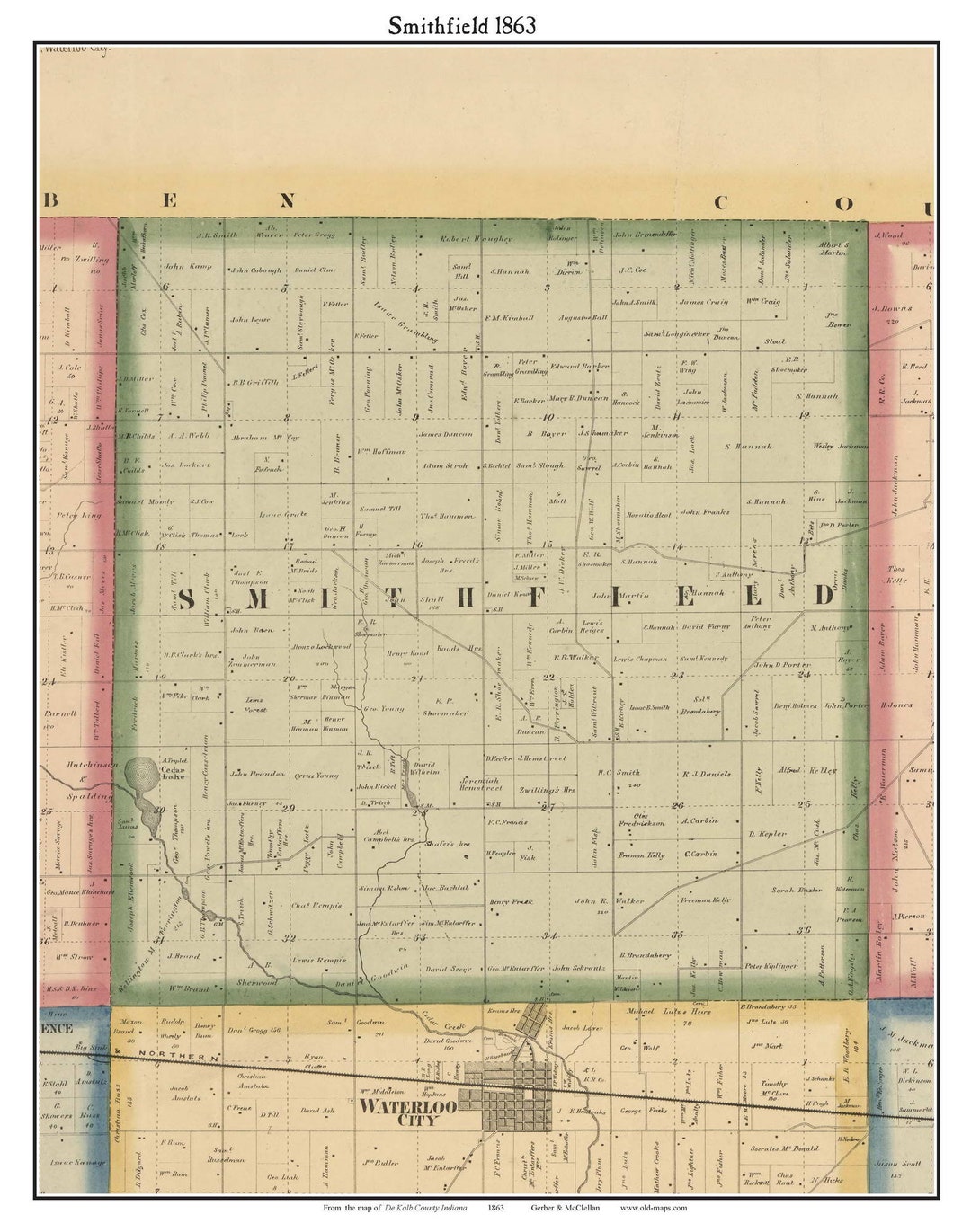 Smithfield 1863 Old Town Map With Homeowner Names - Reprint Genealogy ...