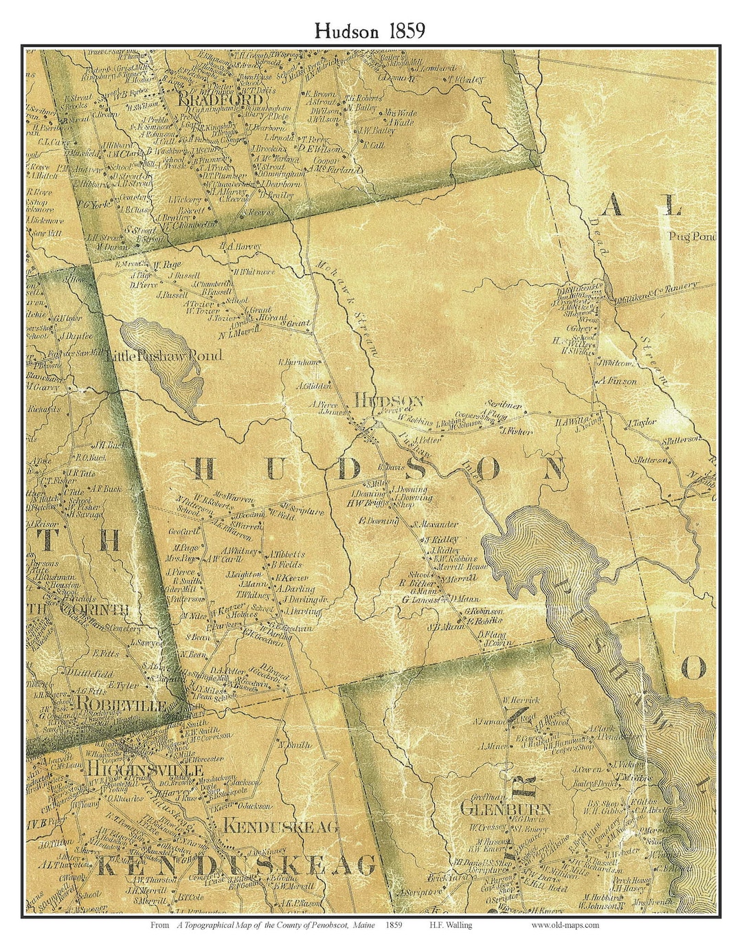 Hudson 1859 Old Town Map With Homeowner Names Maine Little Pushaw Pond ...
