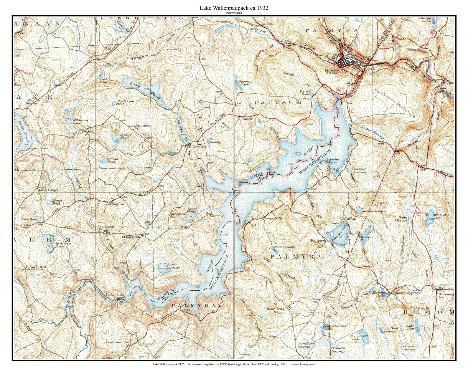 Lake Wallenpaupack 1932 Old Topographic Map USGS Custom Composite ...
