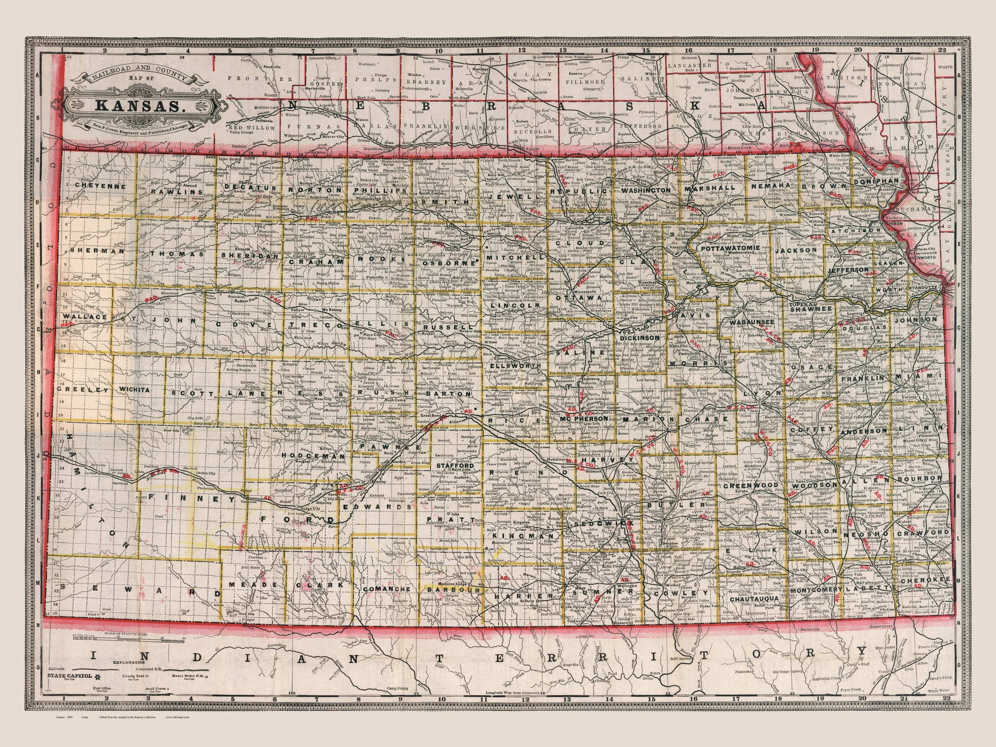 Kansas 1885 State Map Cram Old Map Reprint - Etsy