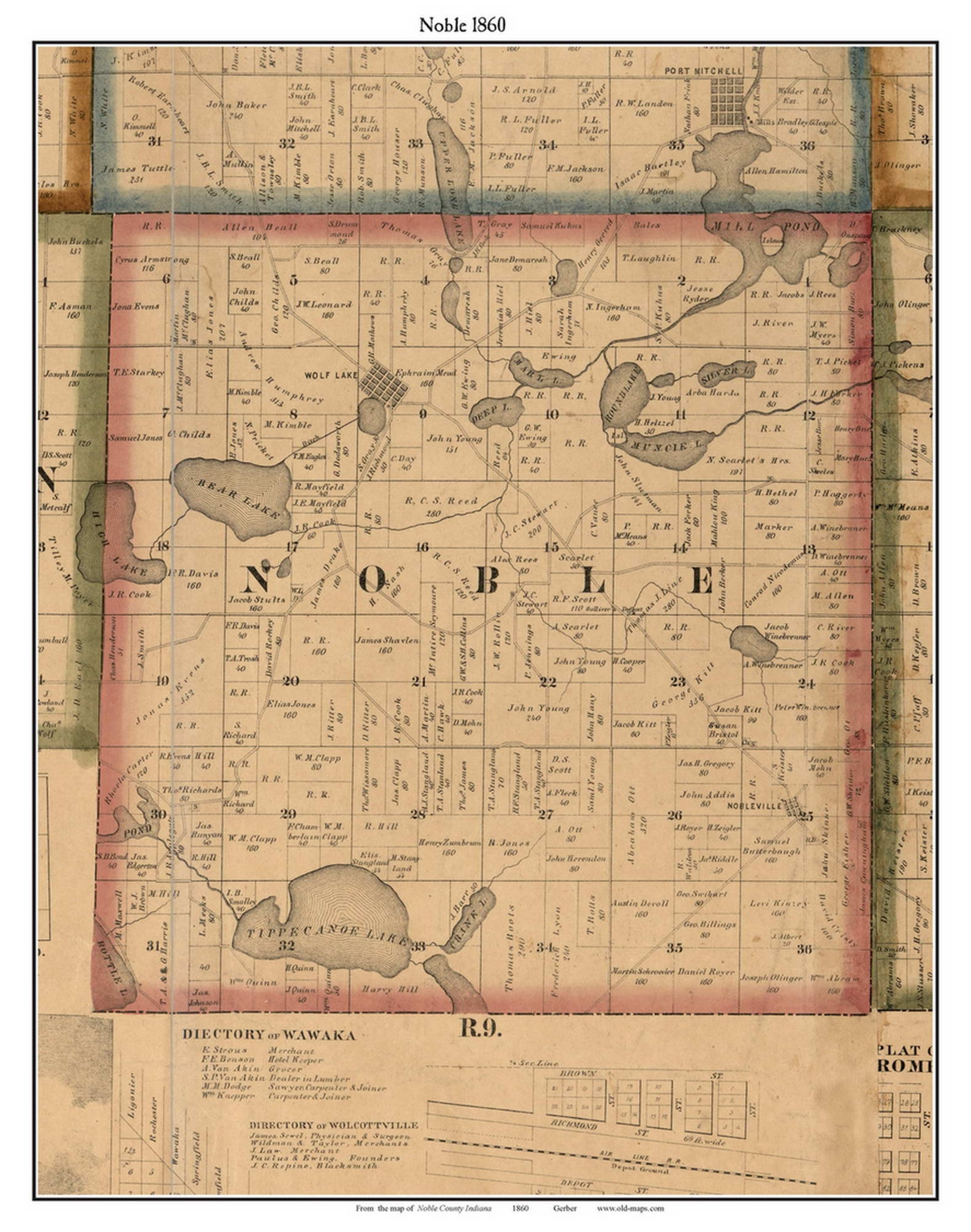 Noble 1860 Old Town Map With Homeowner Names Wolf Lake Muncie Lake ...