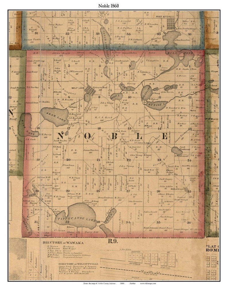 Noble 1860 Old Town Map With Homeowner Names Wolf Lake Muncie - Etsy