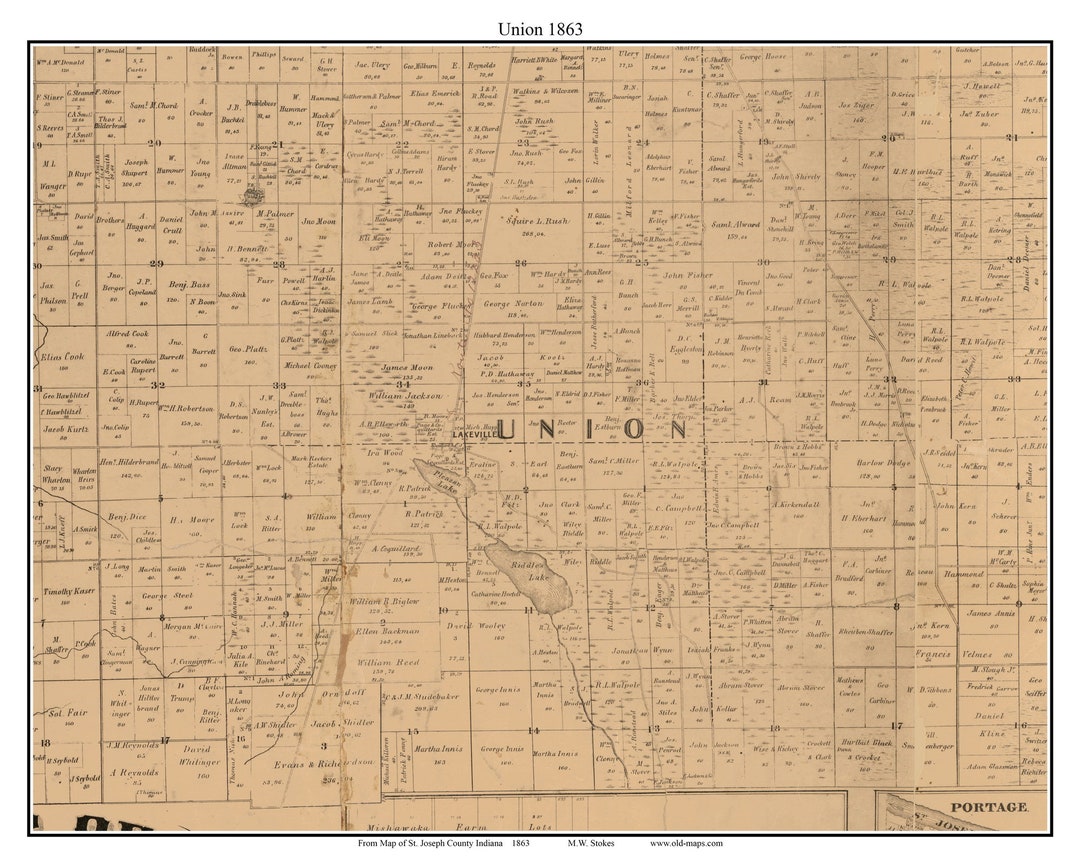 Union 1863 Old Town Map With Homeowner Names Indiana - Lakeville ...