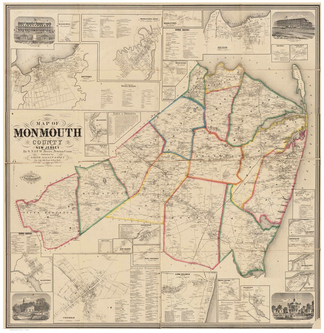 Monmouth County New Jersey 1861 Wall Map - Reprint With Homeowner Names ...