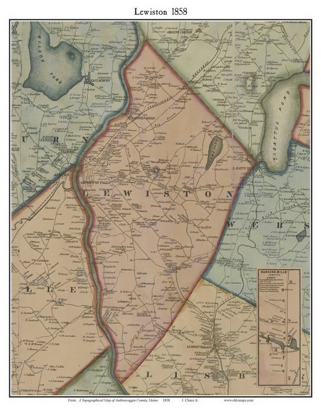Lewiston 1858 Old Town Map With Homeowner Names Maine Sabattus Pond ...