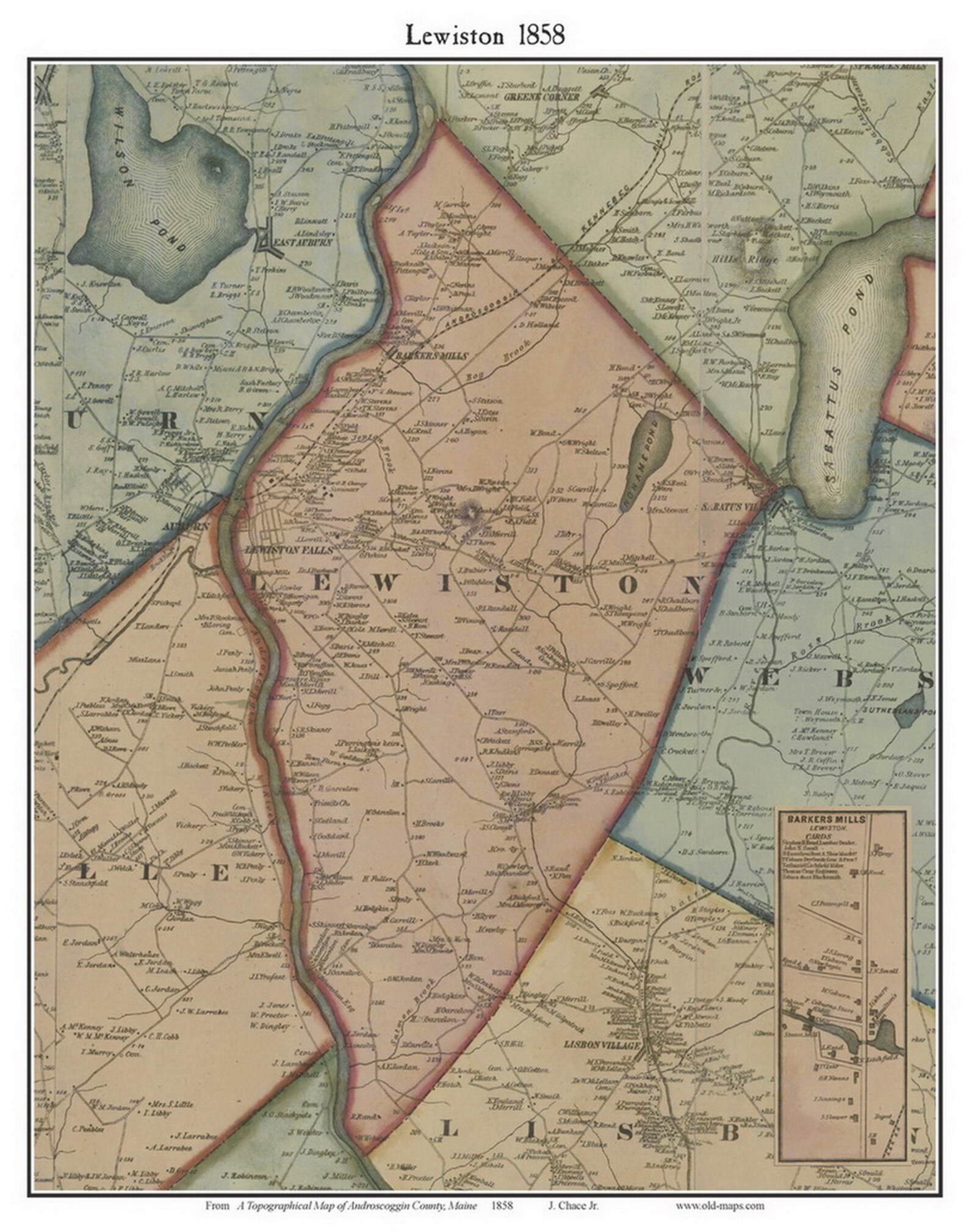 Lewiston 1858 Old Town Map With Homeowner Names Maine Sabattus Pond ...