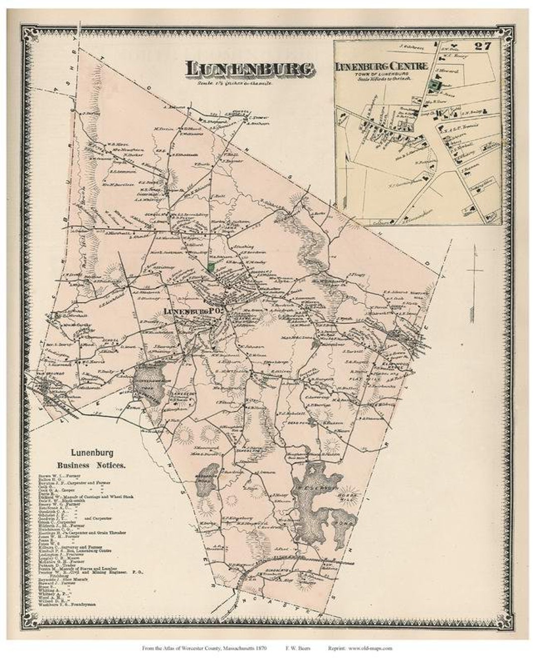 Lunenburg 1870 Lunenburg Center Old Town Map With Homeowner - Etsy