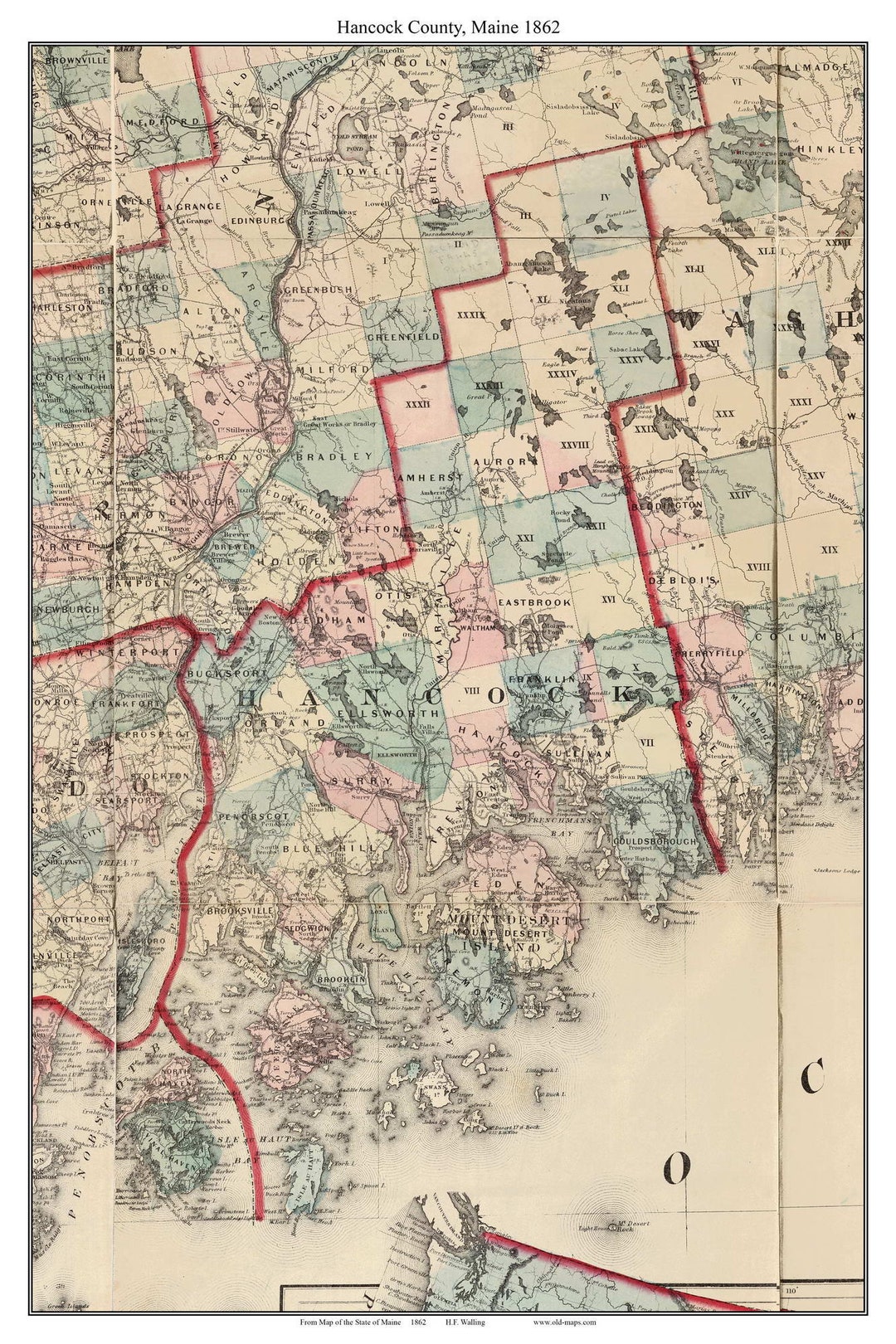 Hancock County Maine 1862 - Old Map Custom Print - Old Roads - House ...