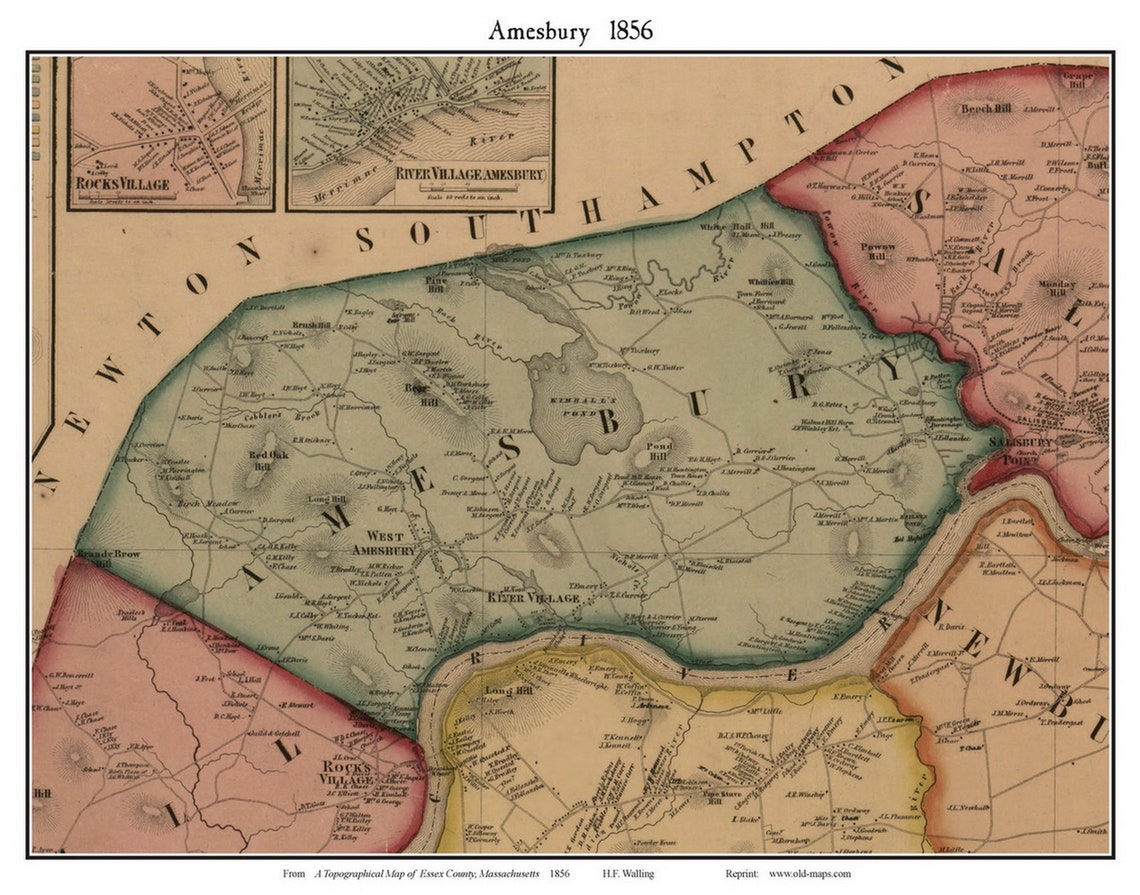 Amesbury Massachusetts 1856 Old Town Map With Homeowner Names - Etsy