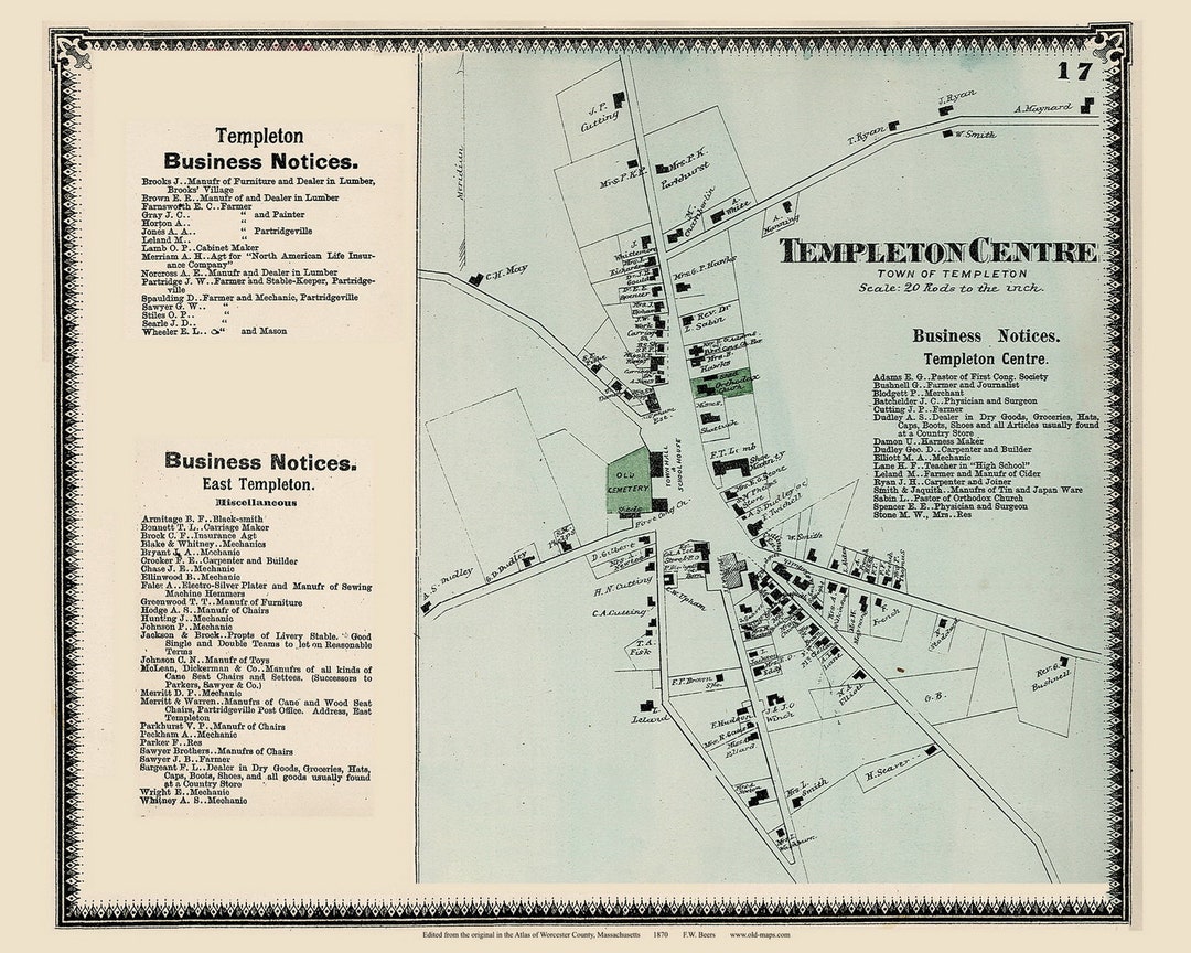 Templeton Center 1870 Old Town Map With Homeowner Names Massachusetts ...