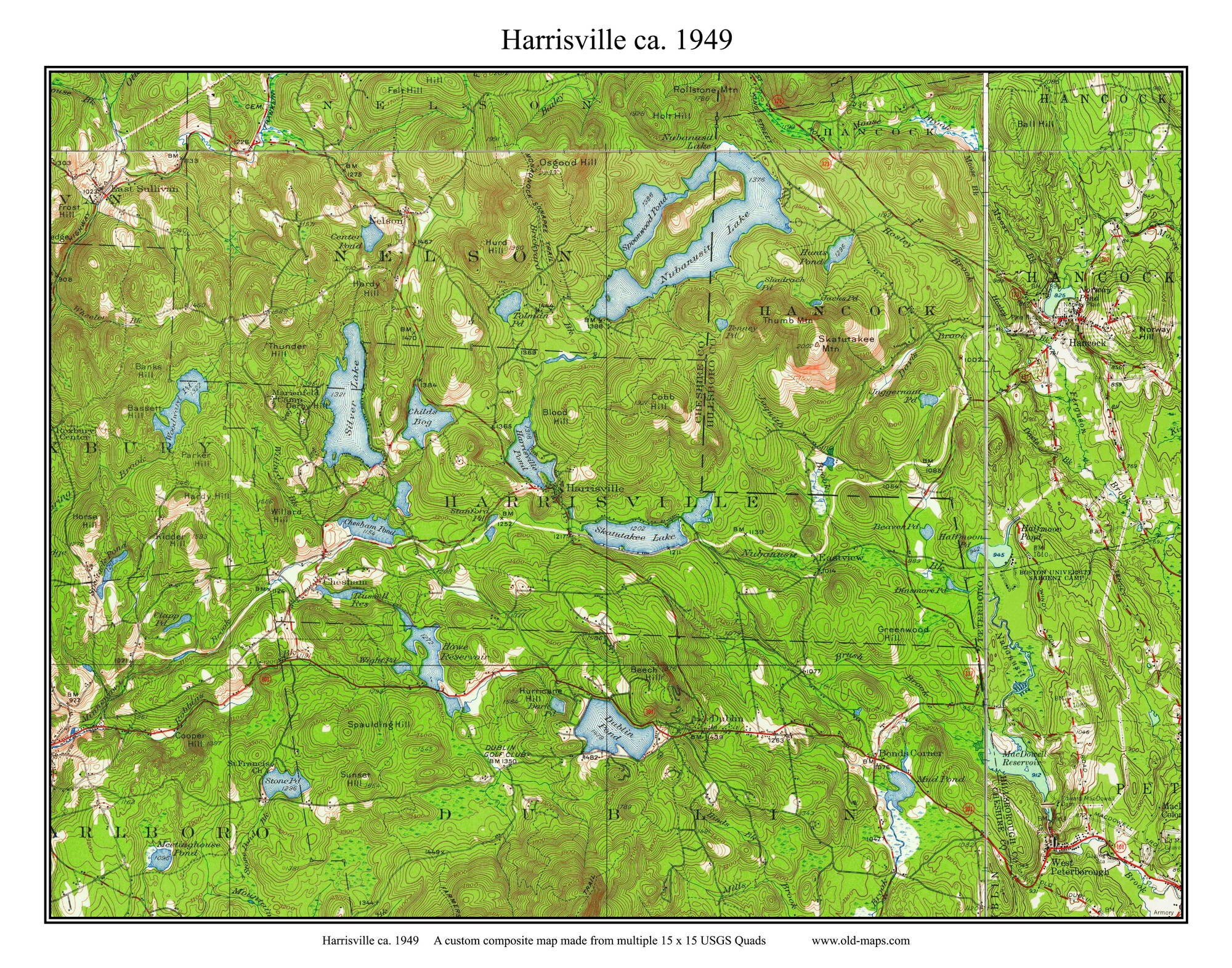 Harrisville 1949 Old Town Map Nubanusit Lake USGS Topographic Custom ...