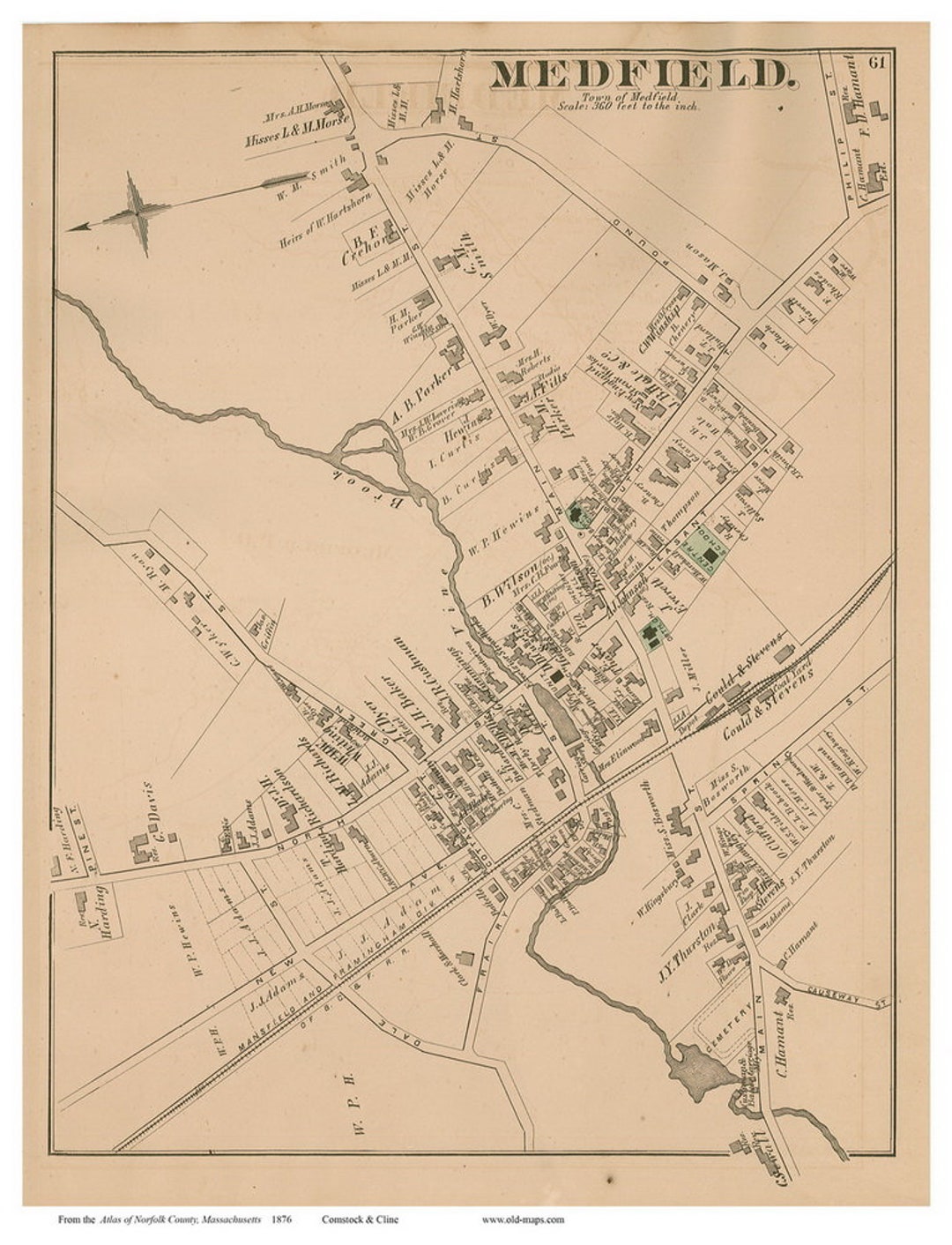 Medfield Village - 1876 - Old Town Map Reprint - Norfolk County ...