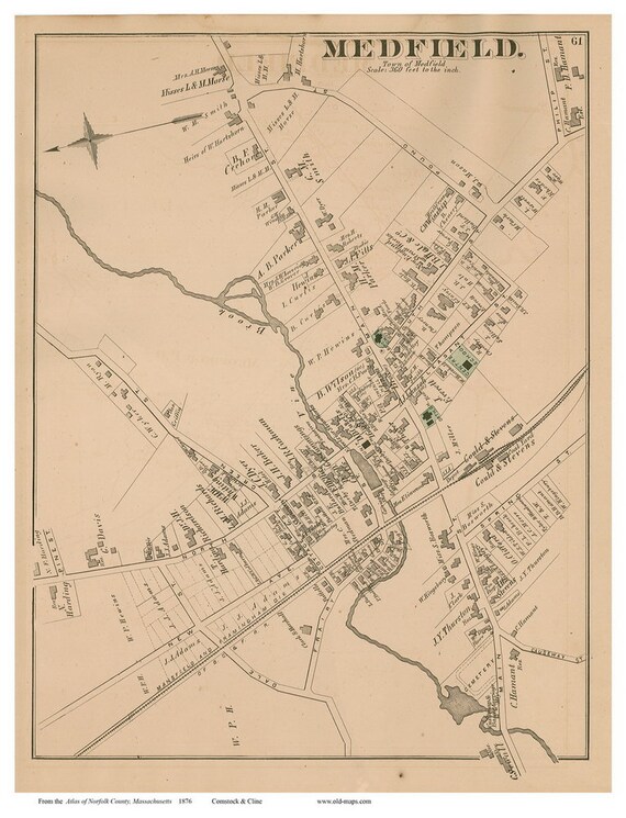 Medfield Village 1876 Old Town Map Reprint Norfolk | Etsy