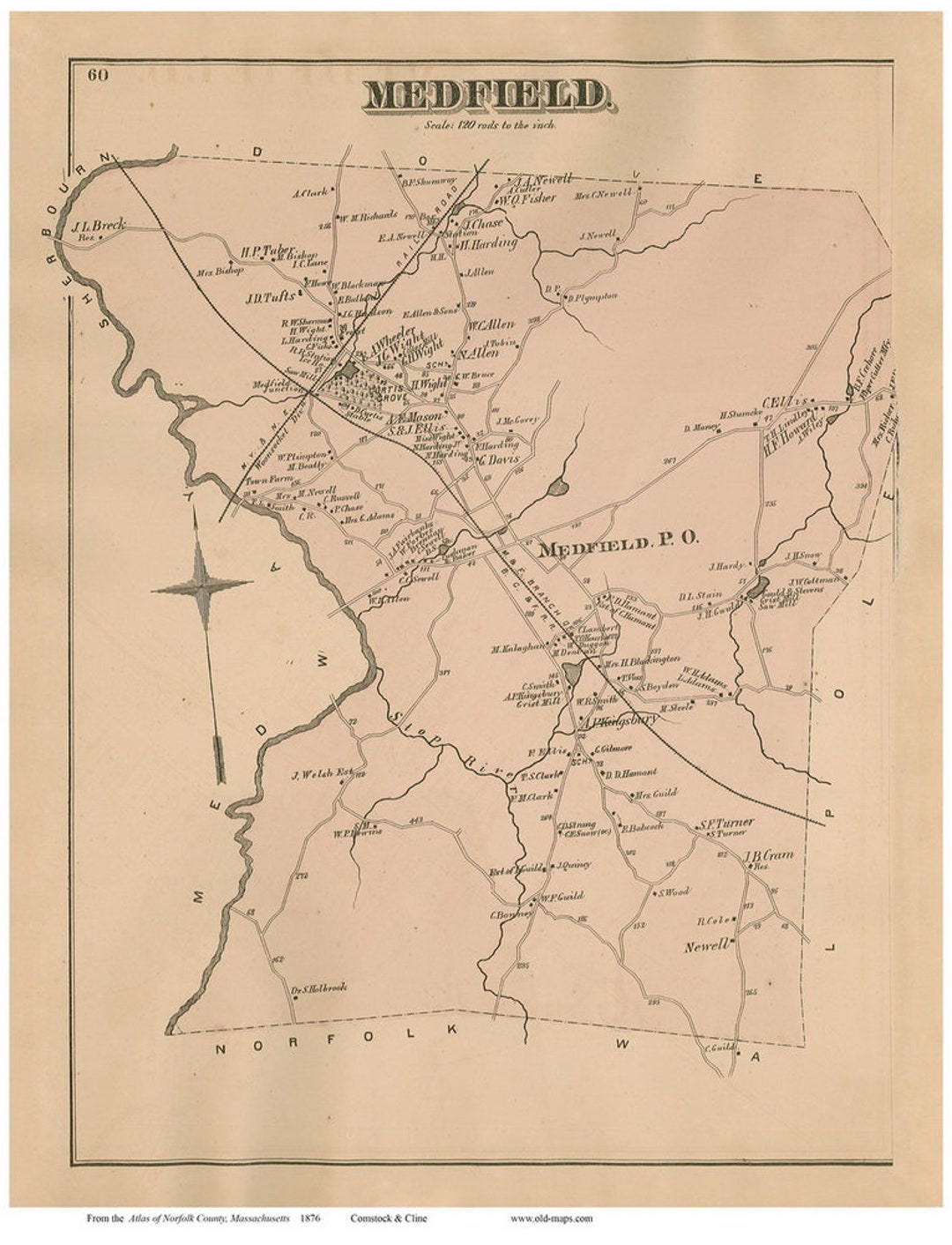 Medfield - 1876 - Old Town Map Reprint - Norfolk County, Massachusetts ...