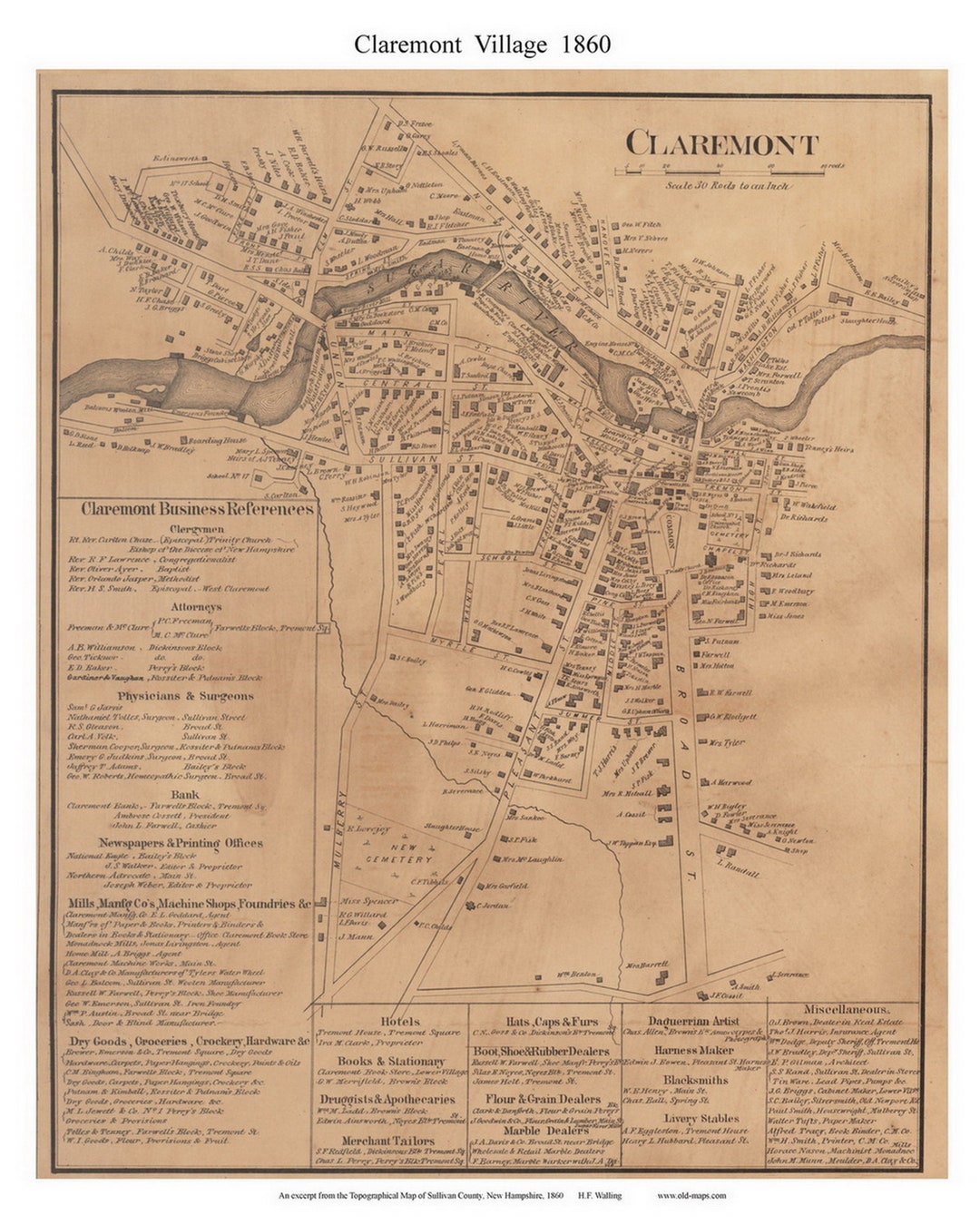 Claremont Village 1860 Old Town Map With Homeowner Names New Hampshire ...