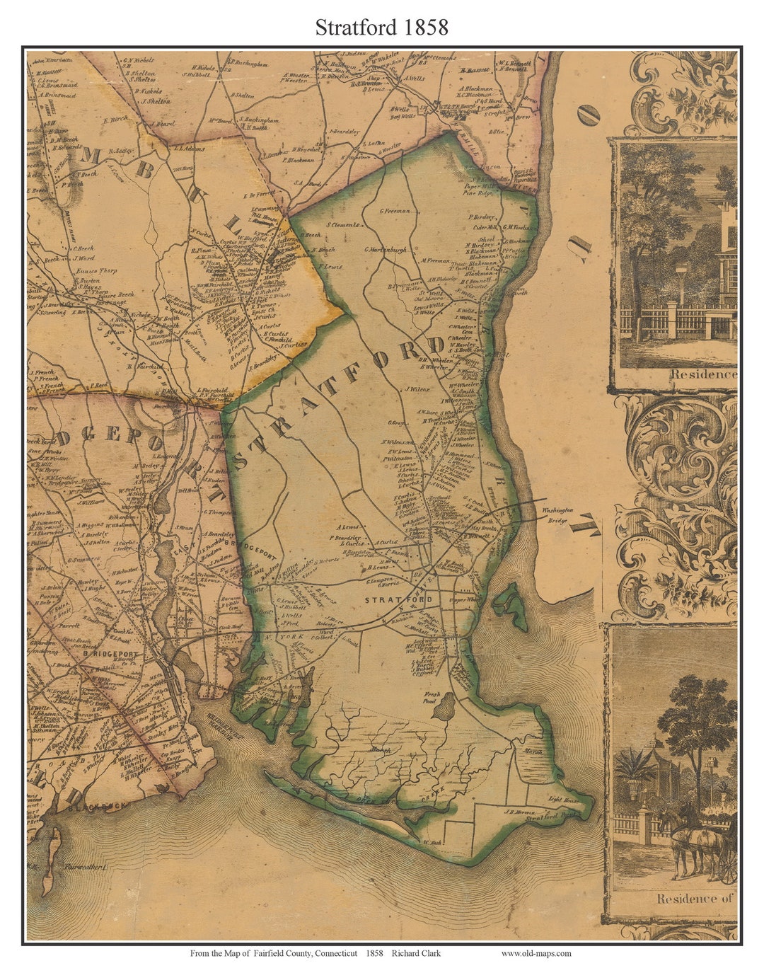 Stratford Connecticut 1858 Old Town Map With Homeowner Names - Reprint ... Stratford Connecticut 1858 Old Town Map With Homeowner Names - Reprint ...