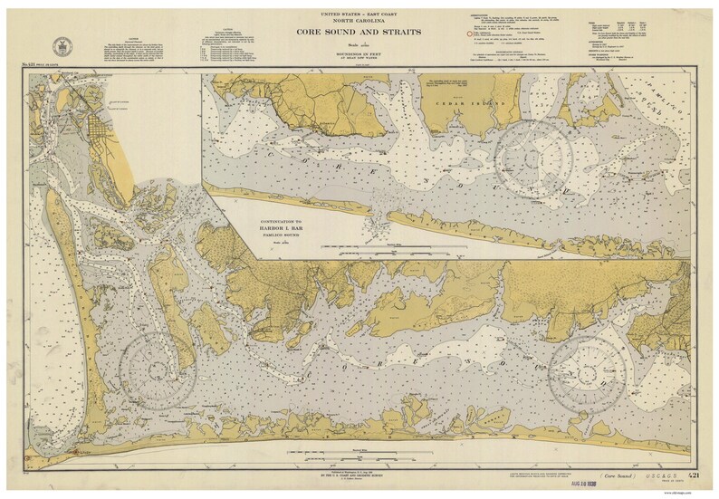 Core Sound Straits 1938 Map Old Nautical Chart North Carolina Reprint ...