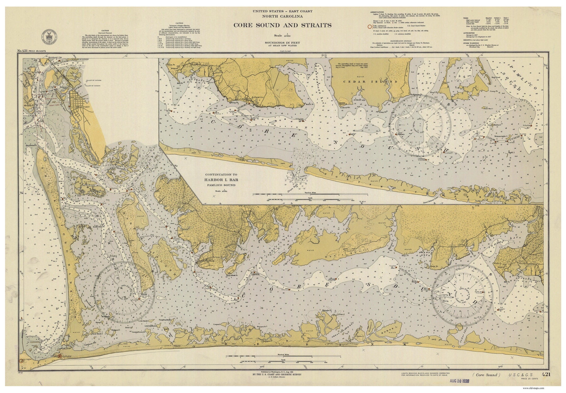 Core Sound Straits 1938 Map Old Nautical Chart North Carolina Reprint ...
