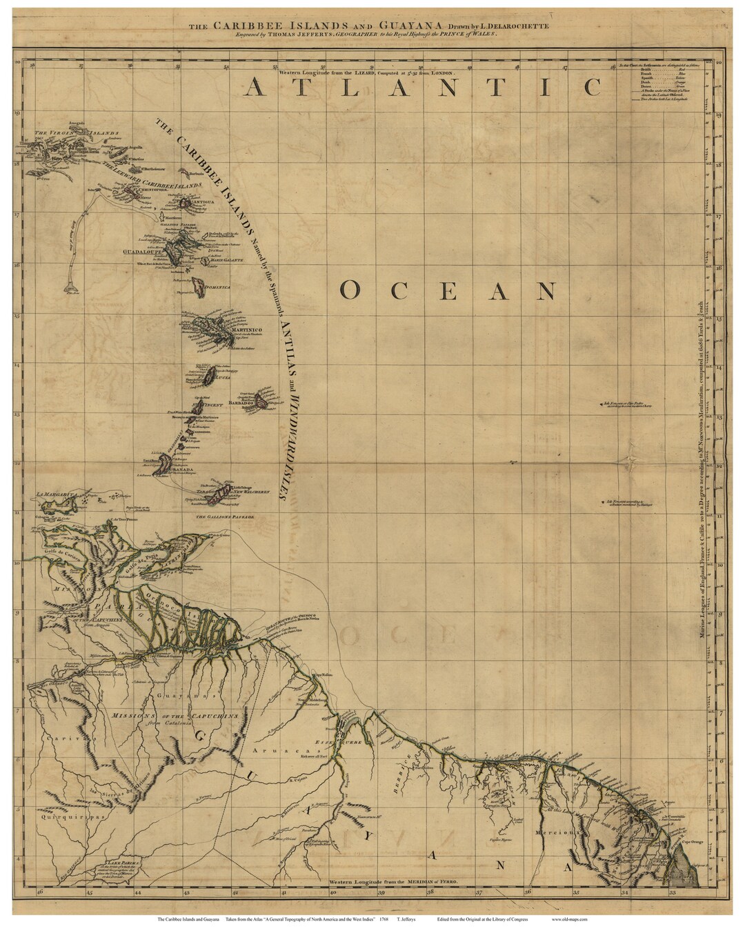Caribbean Islands and Guayana - 1768 - Old Map Reprint USA 1768 Atlas ...