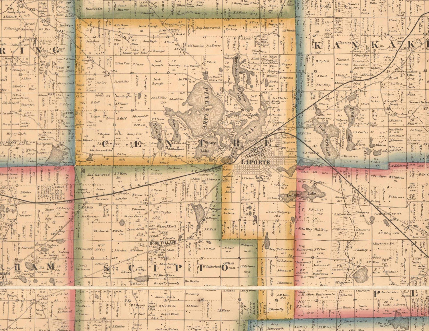 LaPorte County Indiana 1862 - Old Wall Map Reprint with Homeowner Names ...