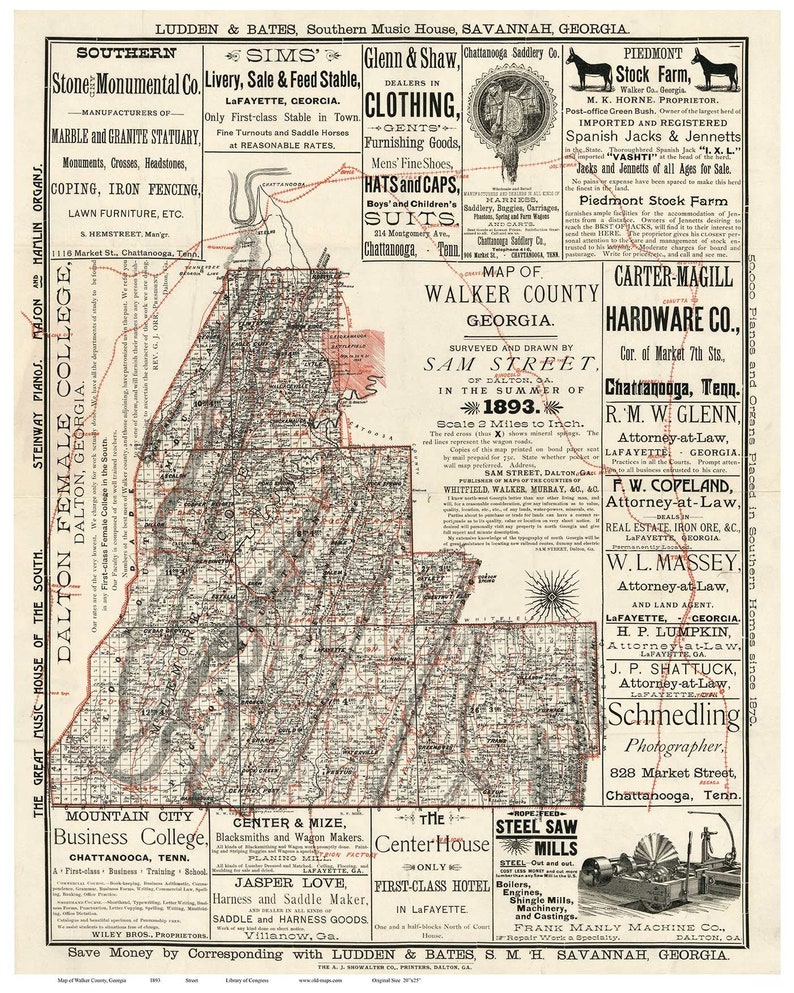 Walker County Old 1893 Map Georgia - Wall Map With Homeowner Names ...