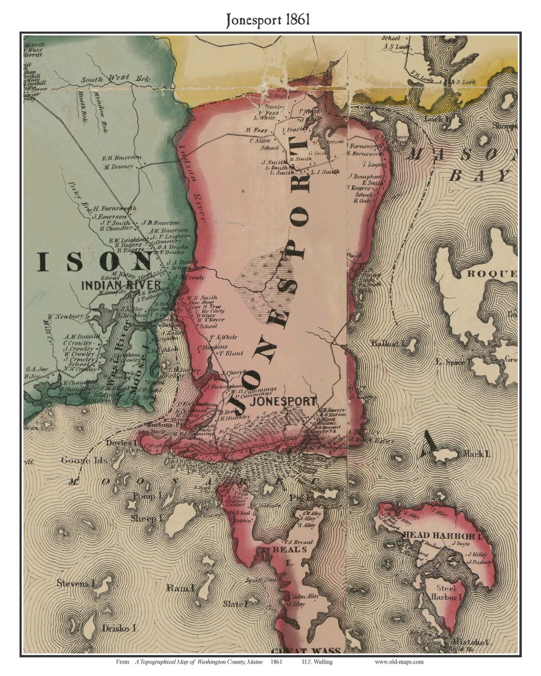 Jonesport 1861 Old Town Map With Homeowner Names Maine - Reprint ...