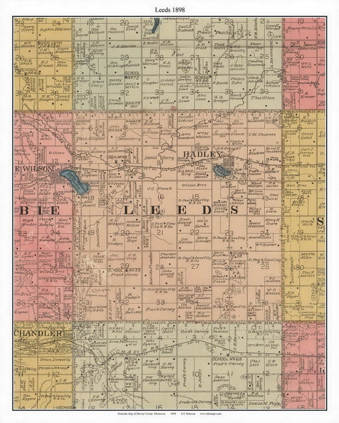 Leeds 1898 Old Town Map With Homeowner Names Minnesota - Hadley ...