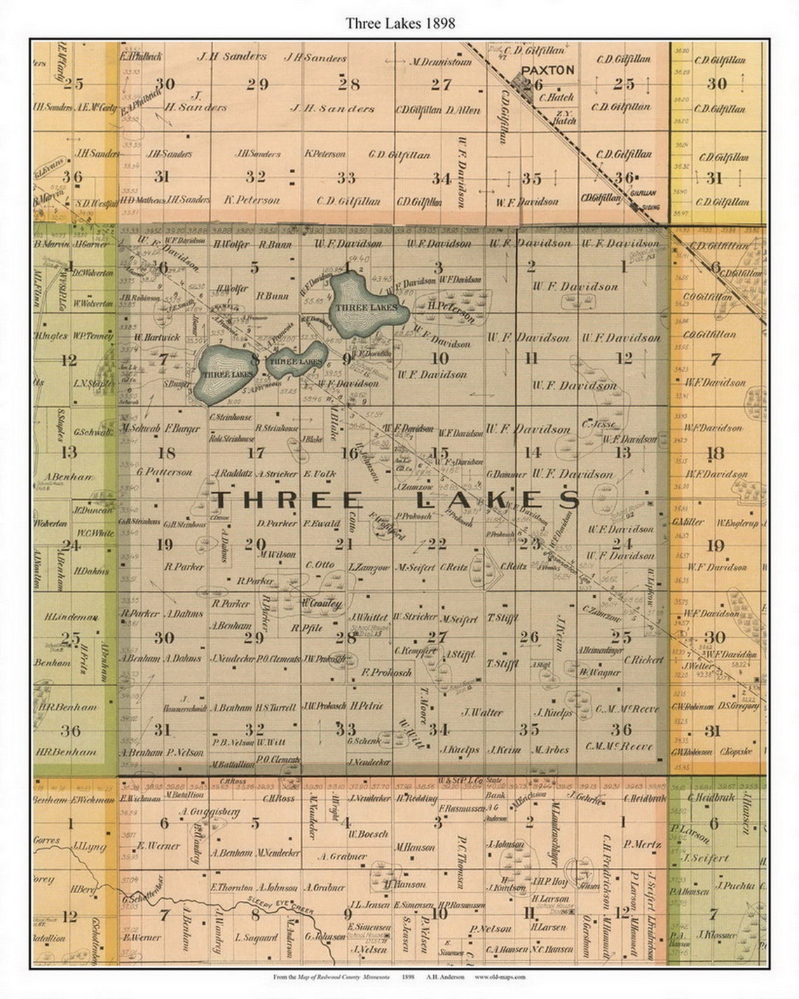 Three Lakes 1898 Old Town Map With Homeowner Names Minnesota - Etsy