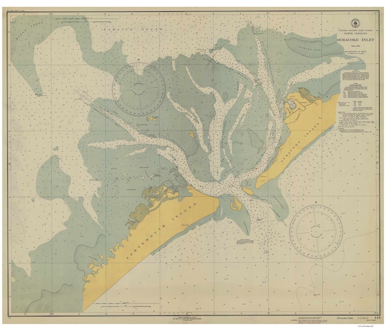 Ocracoke Inlet 1944 Map Old Nautical Chart North | Etsy