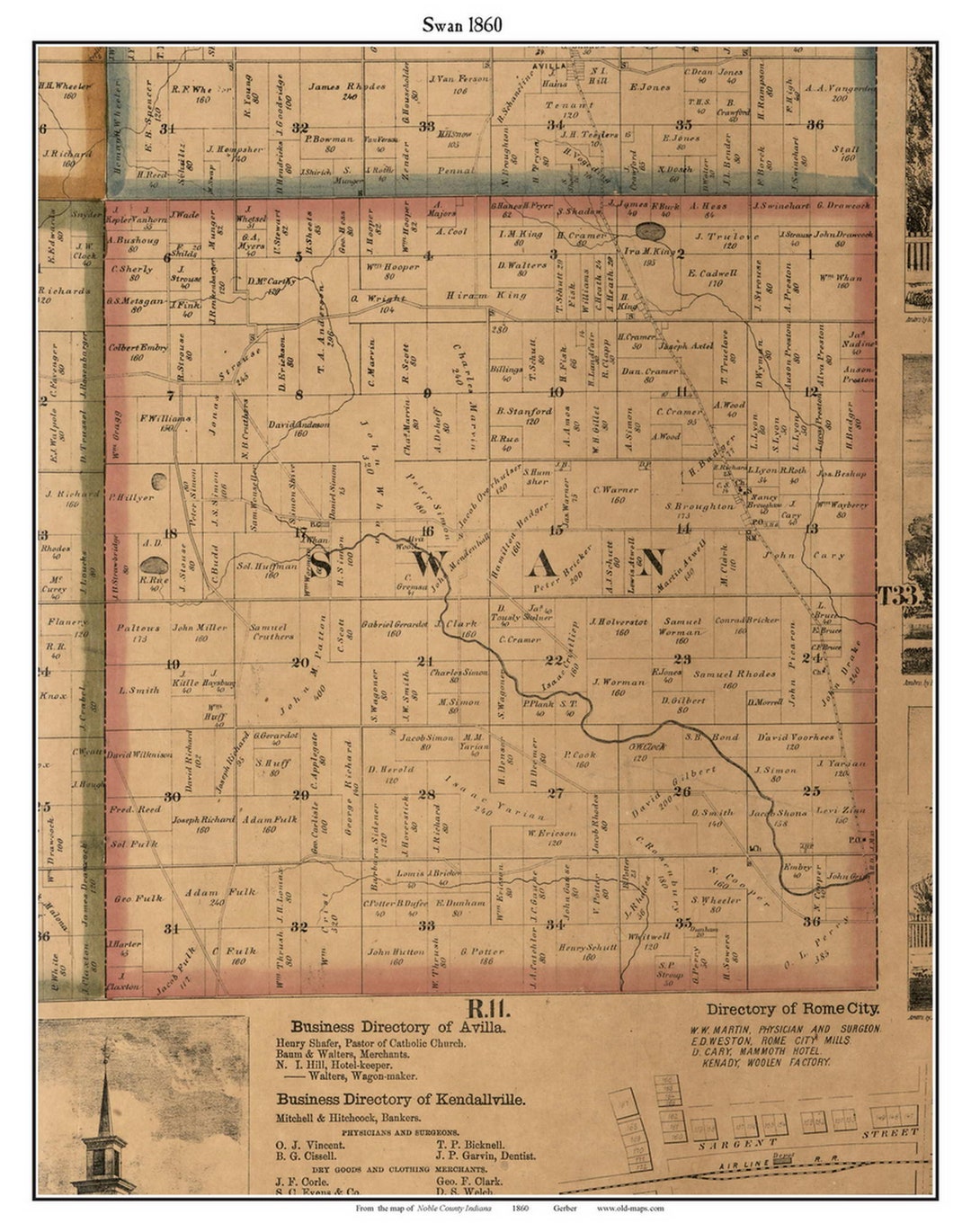 Swan 1860 Old Town Map With Homeowner Names - Reprint Genealogy Noble ...