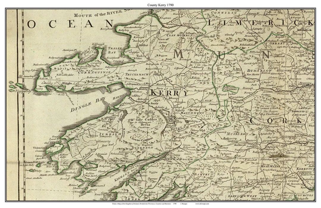 County Kerry - Ireland - From 1790 Roque Map - Clan Names - Old Map ...